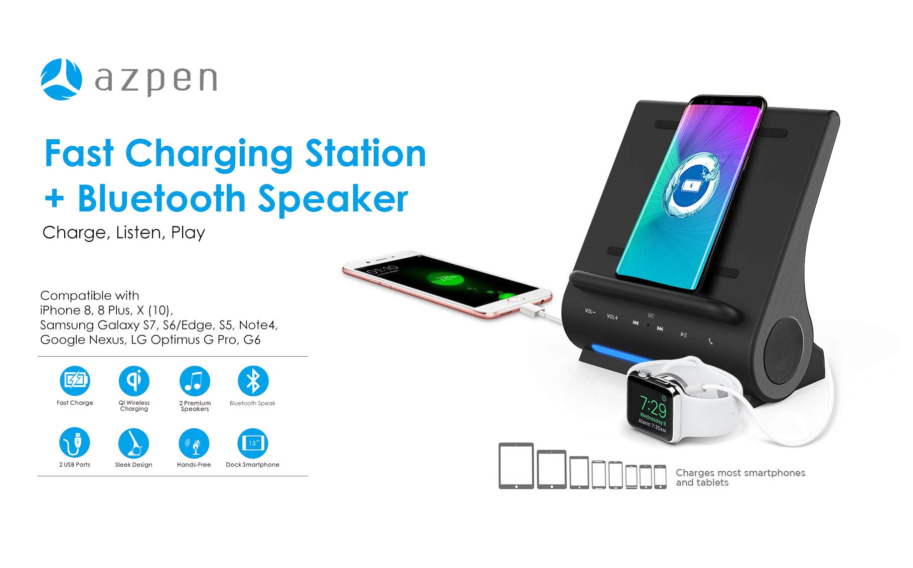 DockAll D108 Wireless Charging Dock Bluetooth Speakers by Azpen. Qi-Certified Wireless Charger for iPhone 15/14/13/12/11/X/8 and Samsung Galaxy S23/S22/S21/S20/S21/S10/S9 - Black