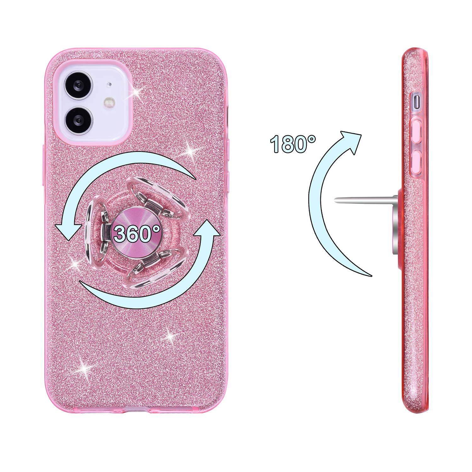 Wisdompro Case for iPhone 12 Mini, Cute Glitter Bling Sparkle Protective Case with Ring Kickstand, Women Girls Phone Case for 5.4 Inch Apple iPhone 12 Mini - Pink