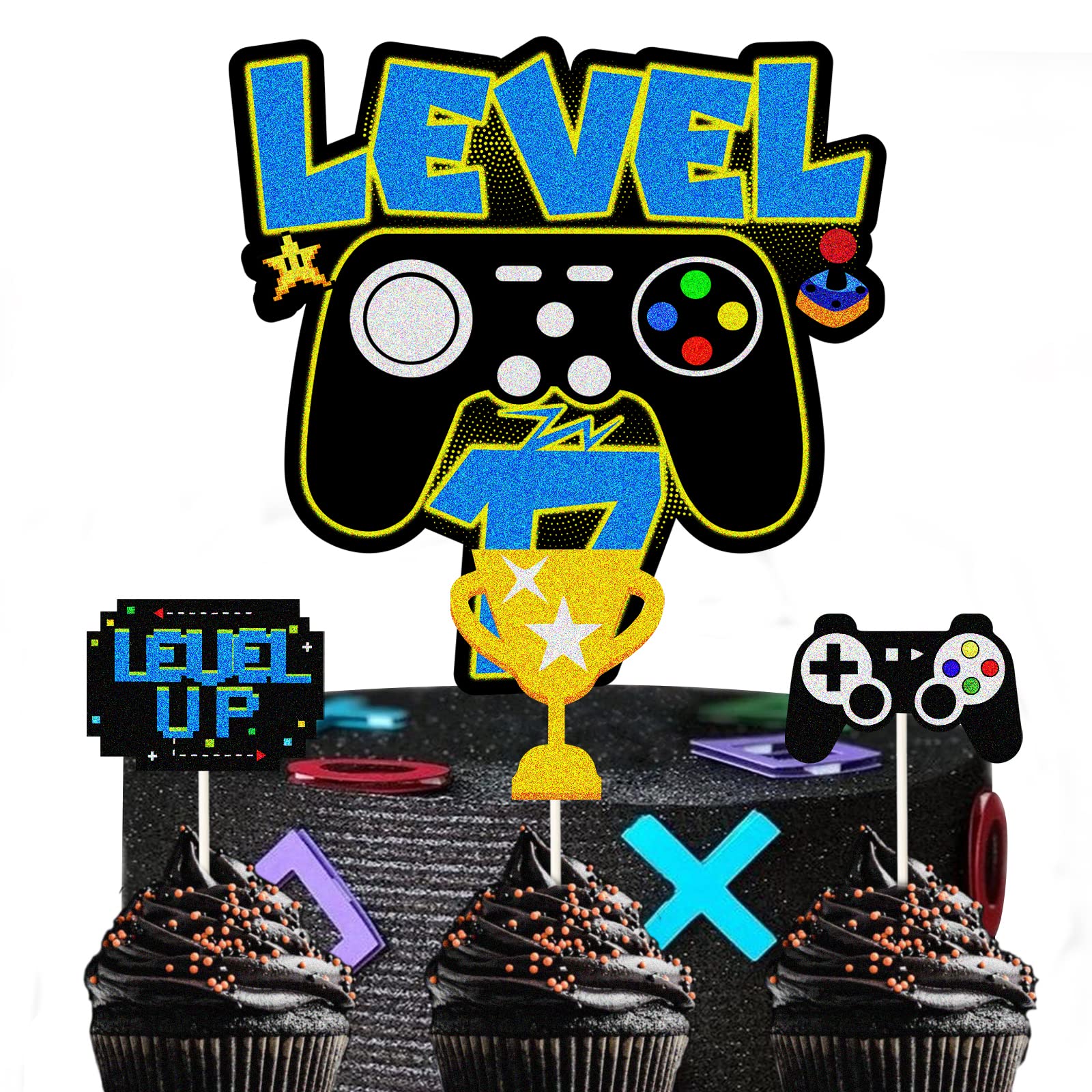 4PCS Level 17 Birthday Cake Toppers - Blue Glitter Video Game 17th Birthday Cake Picks - Boy's Birthday Gaming Theme Cupcake Toppers set - Level Up Winner Party Decoration Supplies