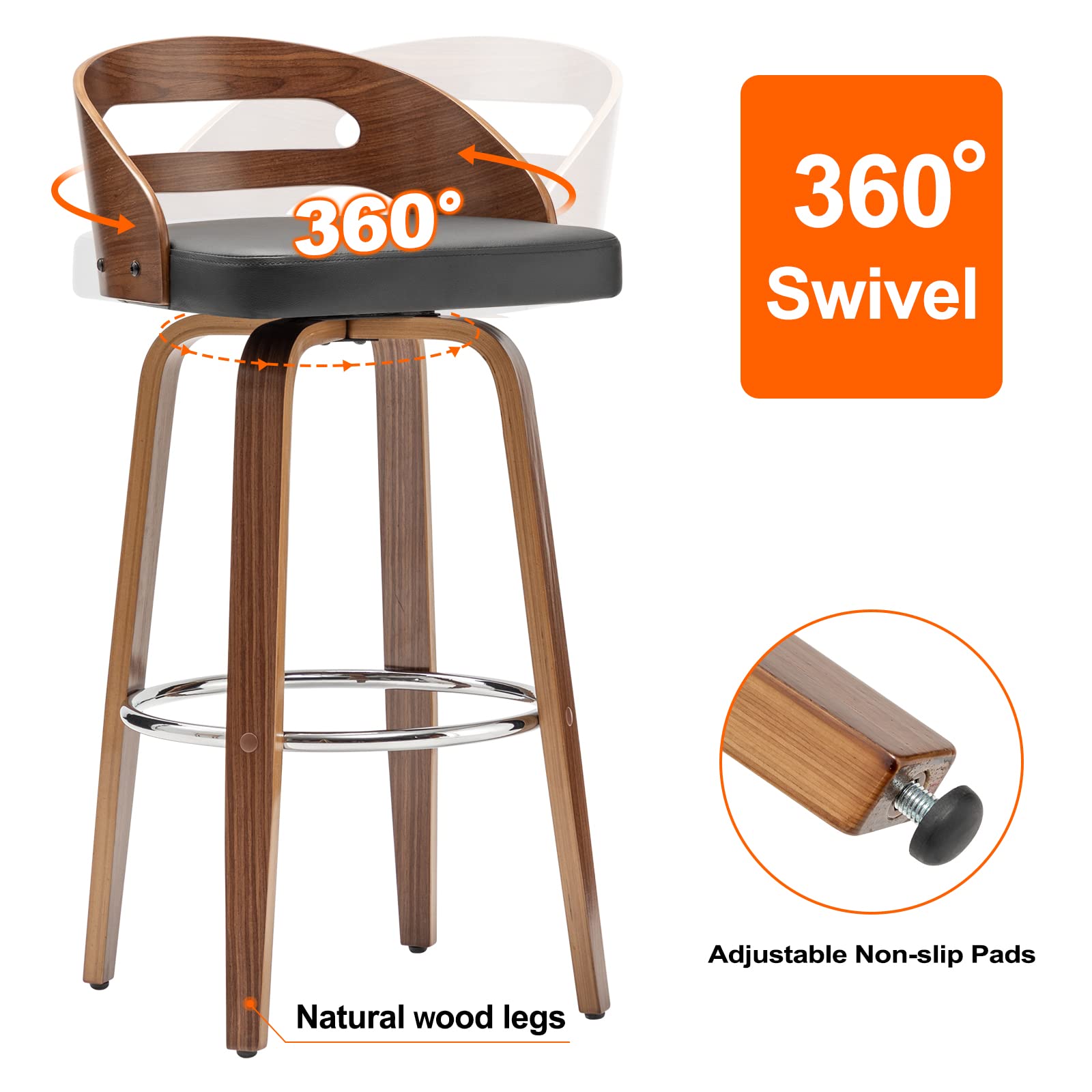 Bar Stools Set of 2, Swivel Bar Height Stools with Walnut Bentwood, Low Back, Upholstered Faux Leather, Soft Cushion Seat, Mid Century Bar Stools for Kitchen/Island/Counter (Black, 30" Seat Height)