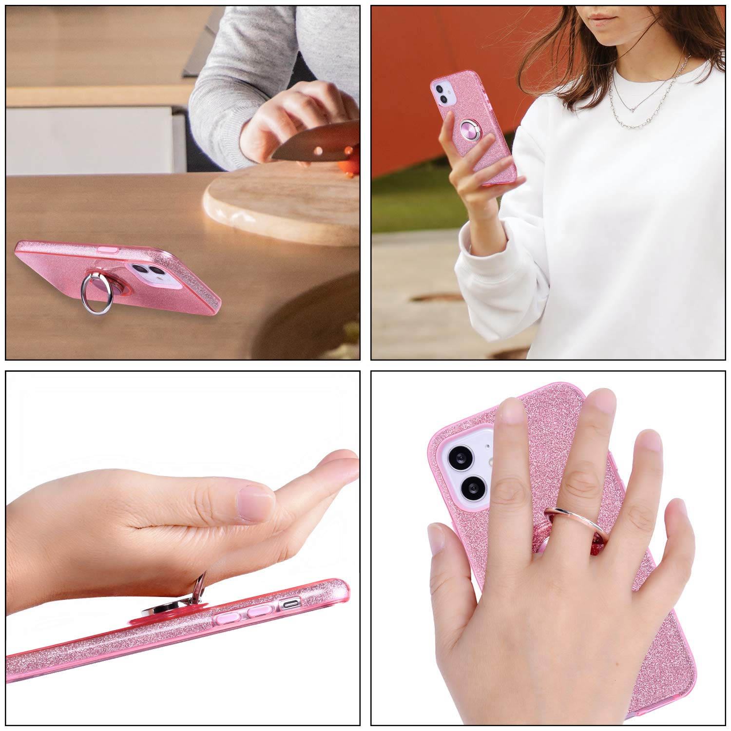 Wisdompro Case for iPhone 12 Mini, Cute Glitter Bling Sparkle Protective Case with Ring Kickstand, Women Girls Phone Case for 5.4 Inch Apple iPhone 12 Mini - Pink