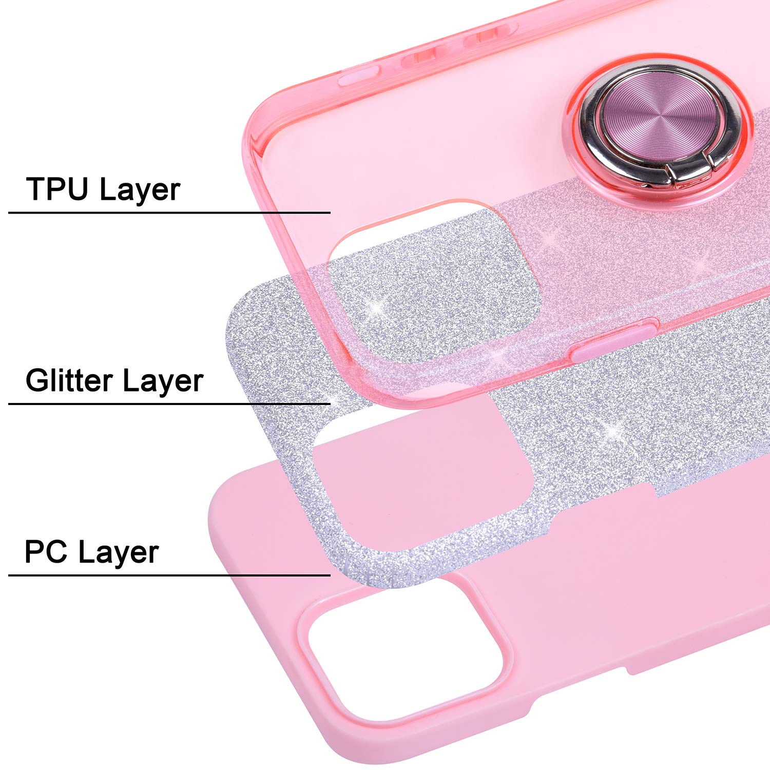 Wisdompro Case for iPhone 12 Mini, Cute Glitter Bling Sparkle Protective Case with Ring Kickstand, Women Girls Phone Case for 5.4 Inch Apple iPhone 12 Mini - Pink