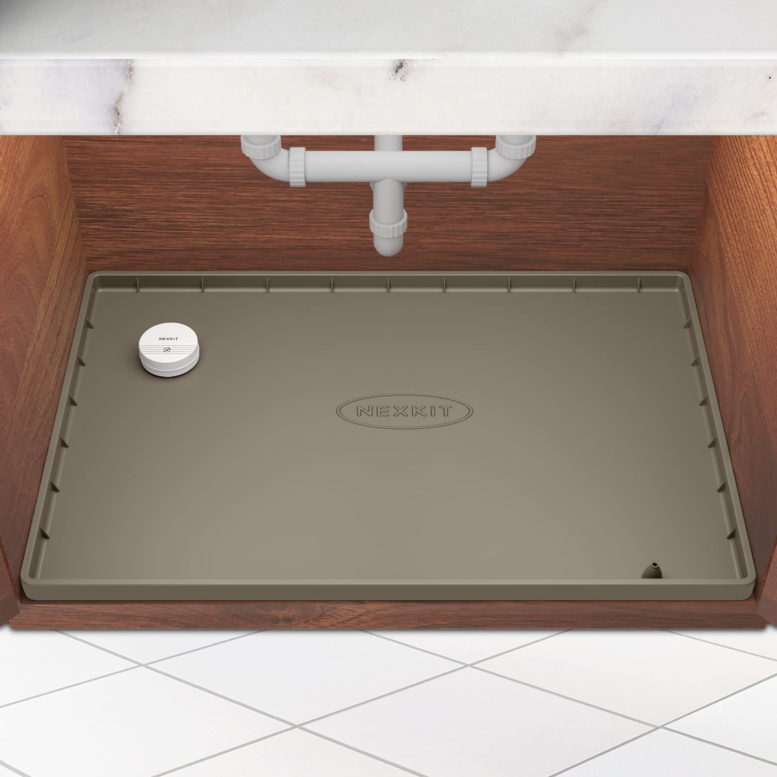 Under Sink Mat, Waterproof Silicone Mat with Water Leak Sensor Alarm, 34" x 22" Kitchen Cabinet Mat, Under Sink Liner Holds up to 3.7 Gallons Liquid(Brown)