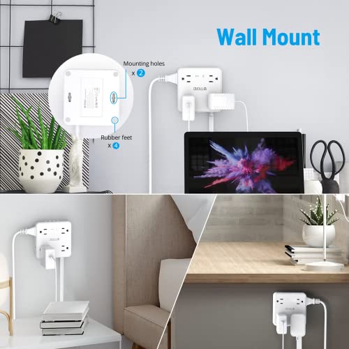 Flat Plug Power Strip - TROND 10FT Thin Flat Extension Cord Surge Protector with 3 USB-A & 1 USB-C Port, Slim Cord with 8 Widely-Spaced Outlets, 1440J, Wall Mount for Home Office Dorm Room, White