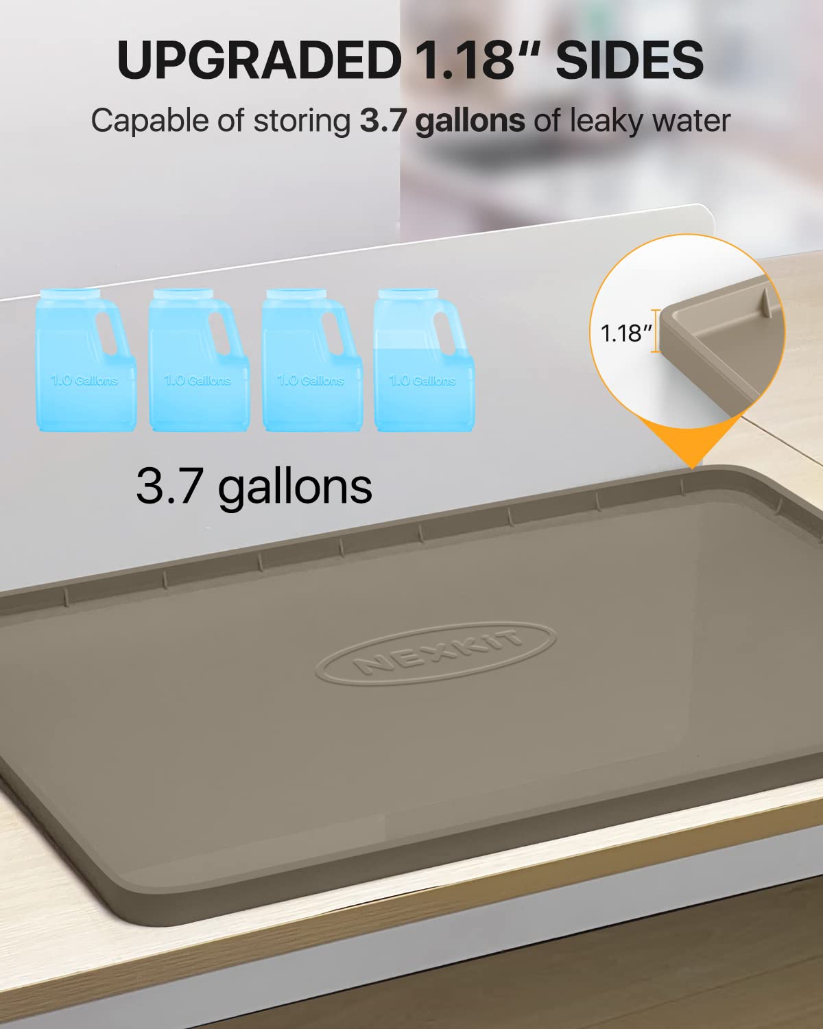 Under Sink Mat, Waterproof Silicone Mat with Water Leak Sensor Alarm, 34" x 22" Kitchen Cabinet Mat, Under Sink Liner Holds up to 3.7 Gallons Liquid(Brown)