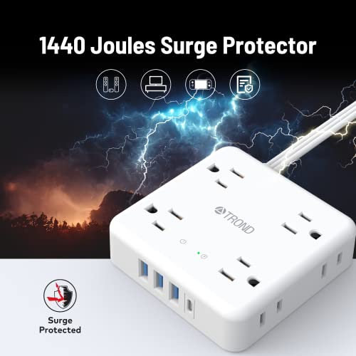 Flat Plug Power Strip - TROND 10FT Thin Flat Extension Cord Surge Protector with 3 USB-A & 1 USB-C Port, Slim Cord with 8 Widely-Spaced Outlets, 1440J, Wall Mount for Home Office Dorm Room, White
