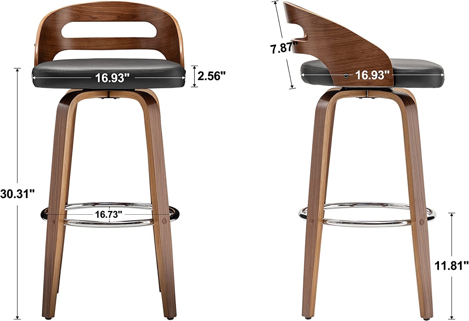 Bar Stools Set of 2, Swivel Bar Height Stools with Walnut Bentwood, Low Back, Upholstered Faux Leather, Soft Cushion Seat, Mid Century Bar Stools for Kitchen/Island/Counter (Black, 30" Seat Height)