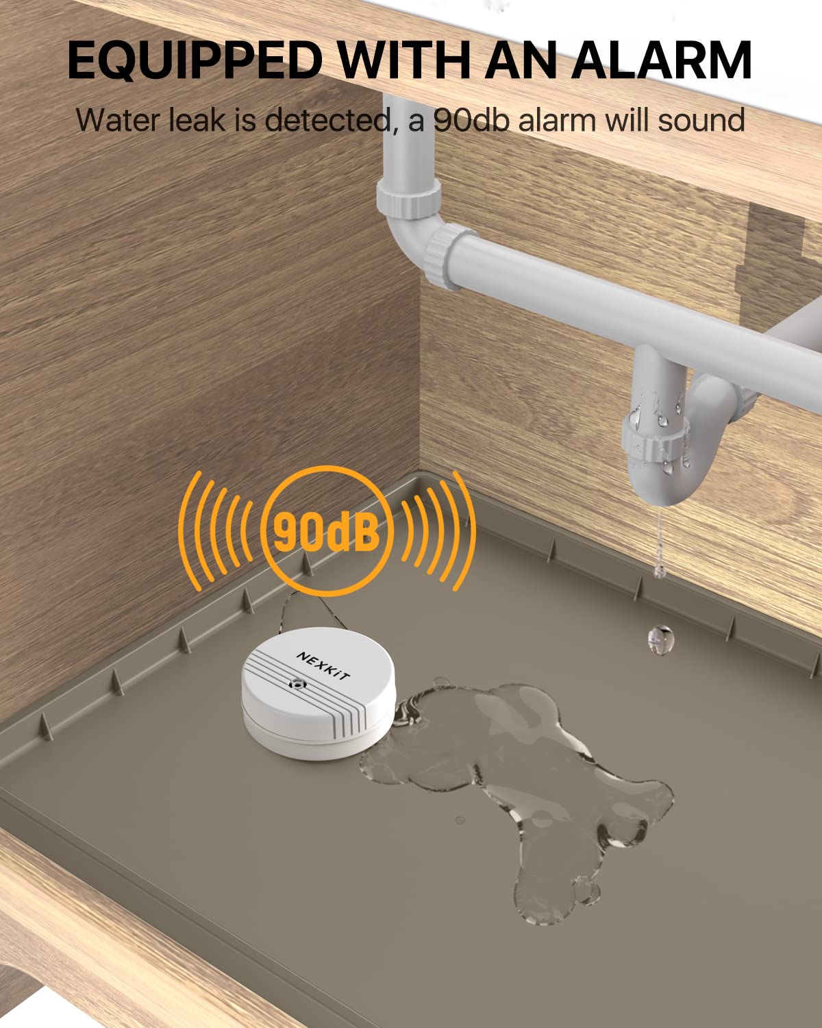 Under Sink Mat, Waterproof Silicone Mat with Water Leak Sensor Alarm, 34" x 22" Kitchen Cabinet Mat, Under Sink Liner Holds up to 3.7 Gallons Liquid(Brown)