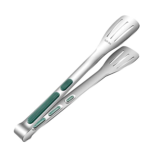 Serving Tongs Kitchen Tongs,Buffet Tongs, Silicone Non-slip Grip Tongs, Food Tong Serving Tong, Bread Serving Clip, Stainless Steel Kitchen Tongs (silver 12in-green handle)