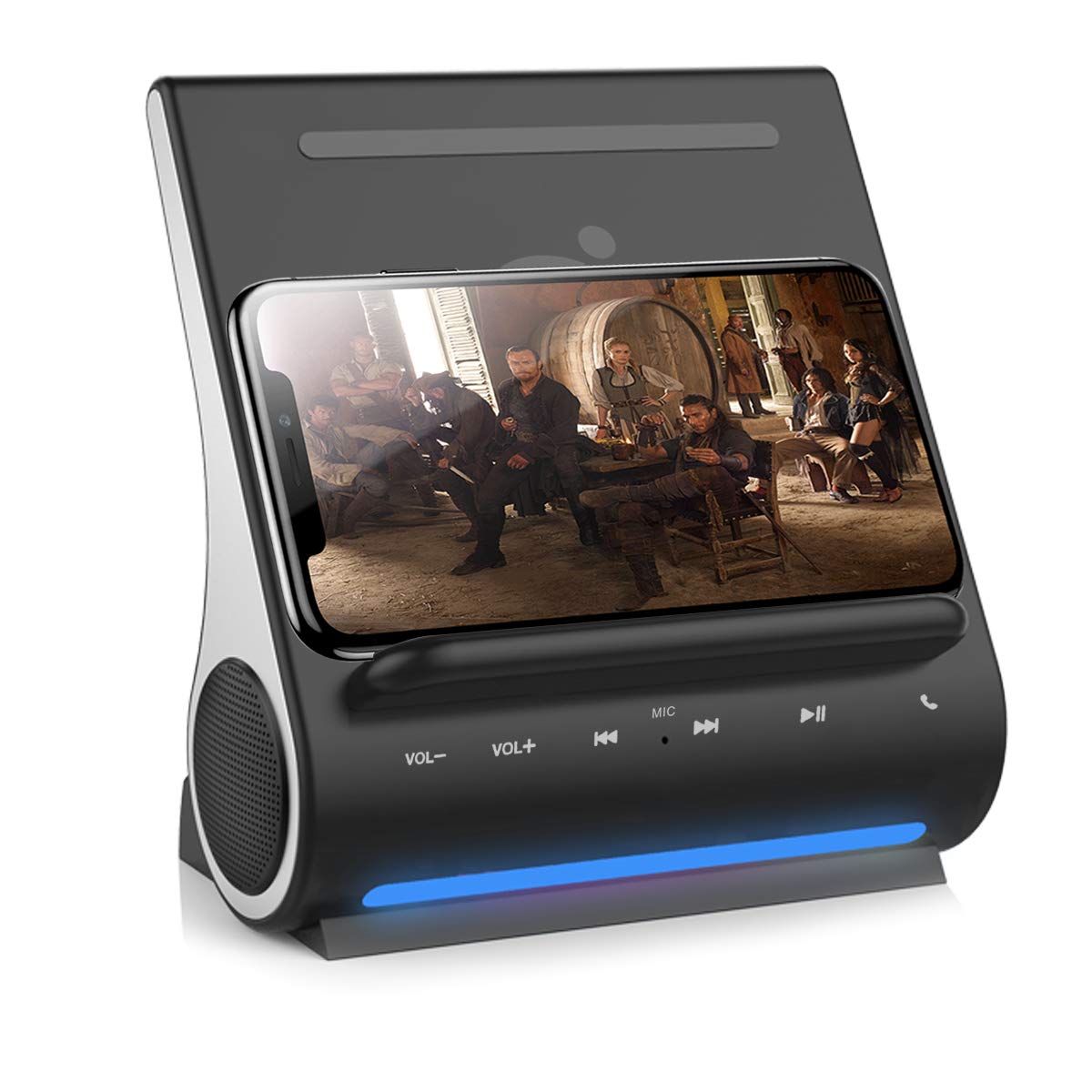 DockAll D108 Wireless Charging Dock Bluetooth Speakers by Azpen. Qi-Certified Wireless Charger for iPhone 15/14/13/12/11/X/8 and Samsung Galaxy S23/S22/S21/S20/S21/S10/S9 - Black