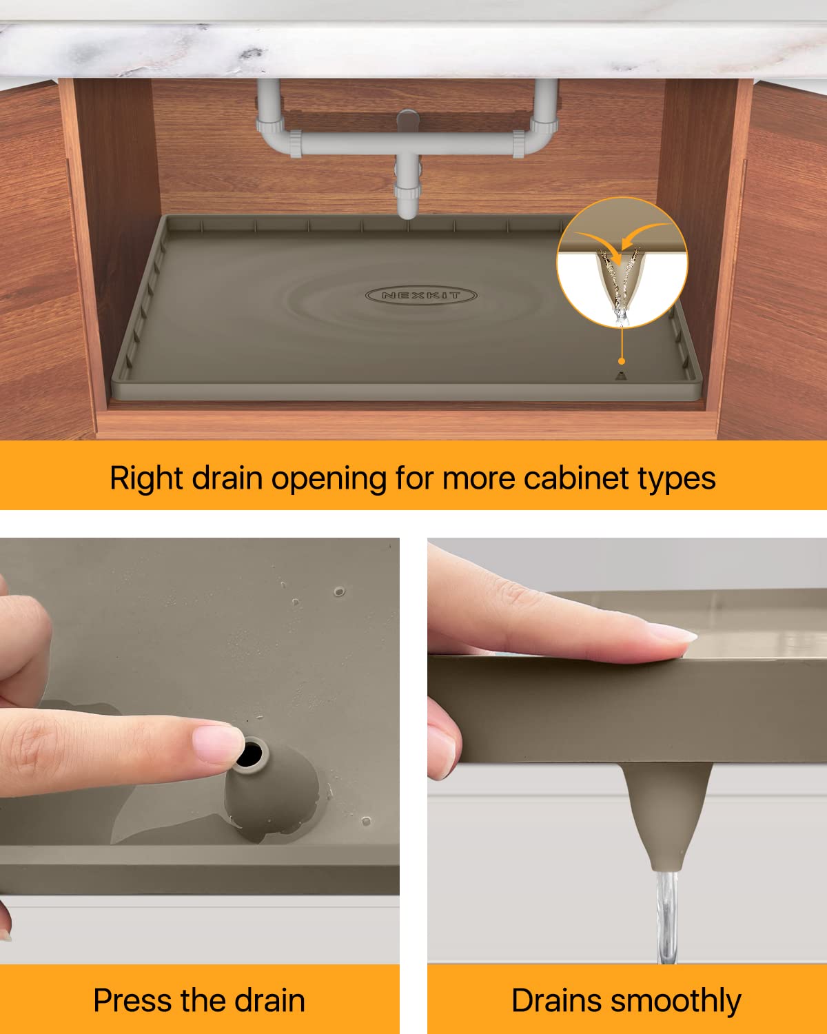 Under Sink Mat, Waterproof Silicone Mat with Water Leak Sensor Alarm, 34" x 22" Kitchen Cabinet Mat, Under Sink Liner Holds up to 3.7 Gallons Liquid(Brown)