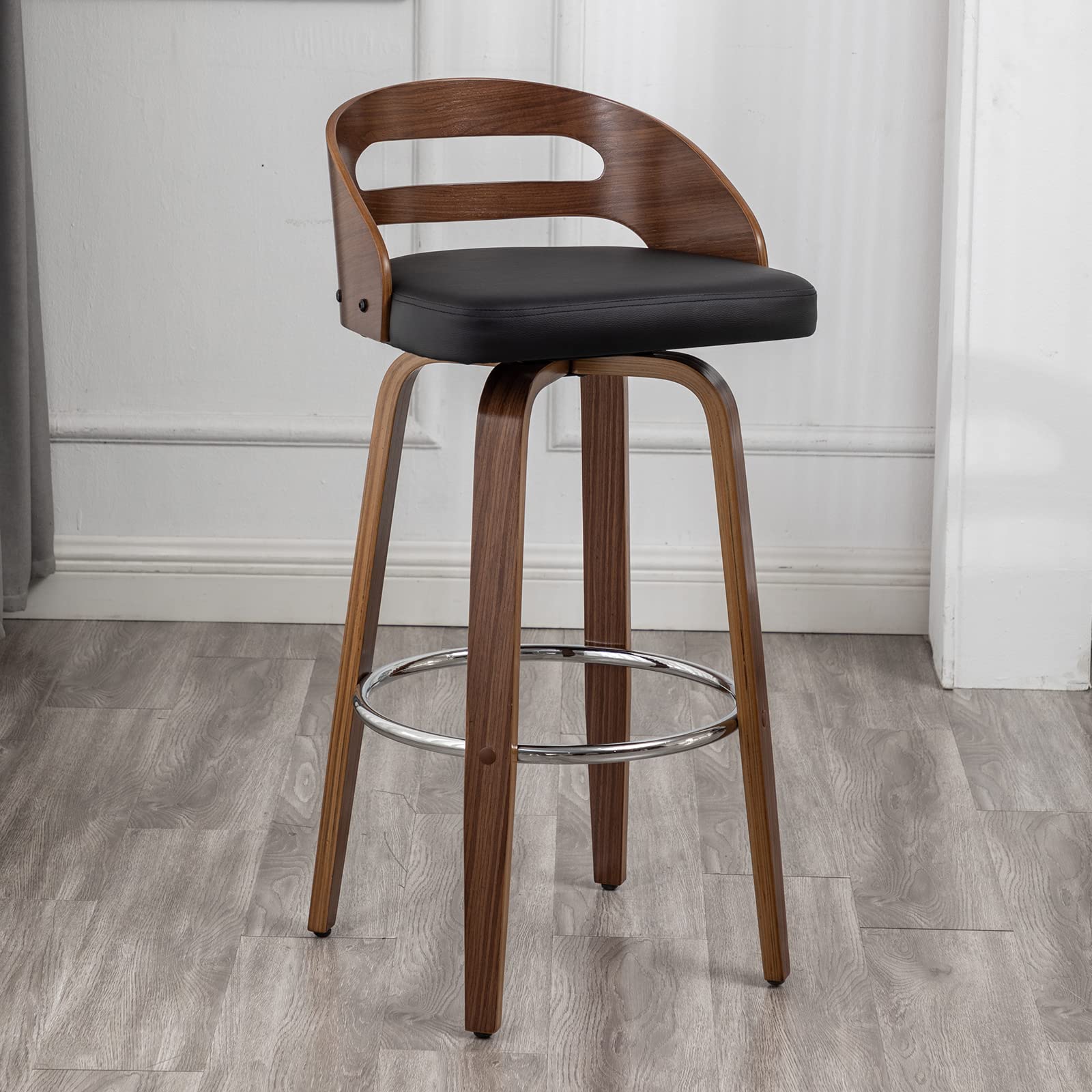 Bar Stools Set of 2, Swivel Bar Height Stools with Walnut Bentwood, Low Back, Upholstered Faux Leather, Soft Cushion Seat, Mid Century Bar Stools for Kitchen/Island/Counter (Black, 30" Seat Height)