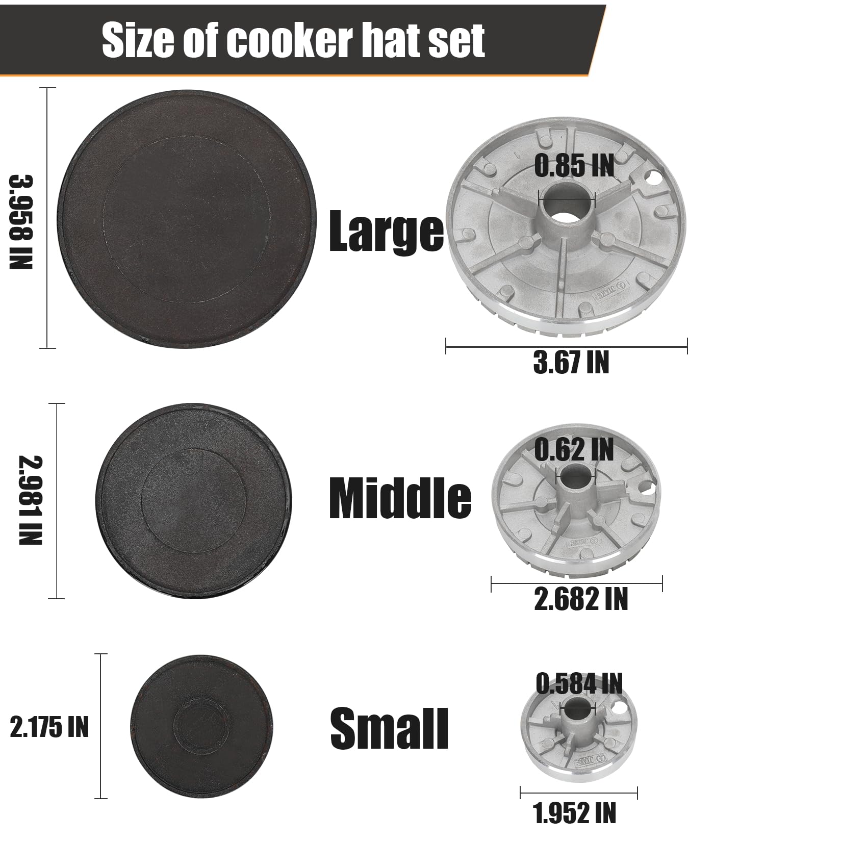 Upgraded Cooker Hat Set, Surface Gas Stove Burner Caps and Burner Head Replacement Kit, 1 Large, 2 Middle, and 1 Small Cooker Hat Set, Cooker Hat Set fits Selected Models - See Images for Details