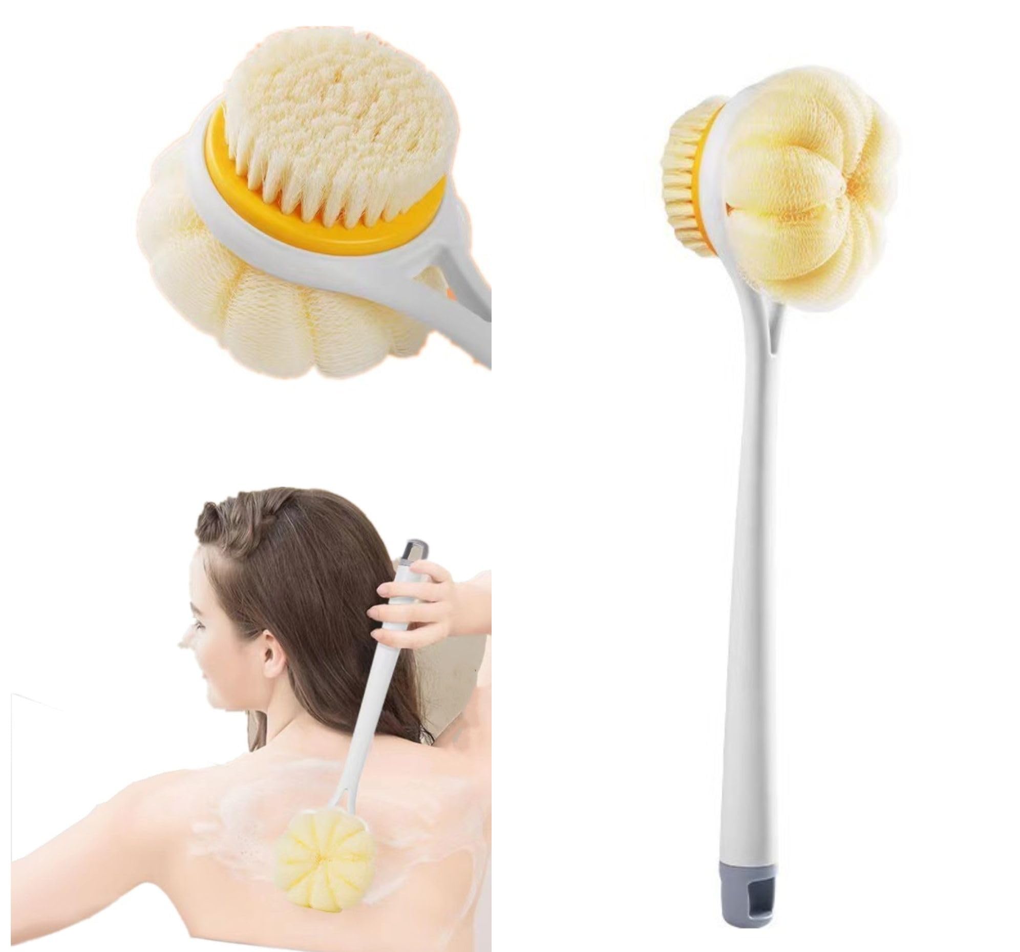 Back Scrubber for Shower, Body Scrubber with Soft Bristles and Loofah, Dual-Sided Long Handle Bath Brush Skin Exfoliator Wet or Dry Body Brush, for Men Women, Anti Slip Handle, Shower Back Washer