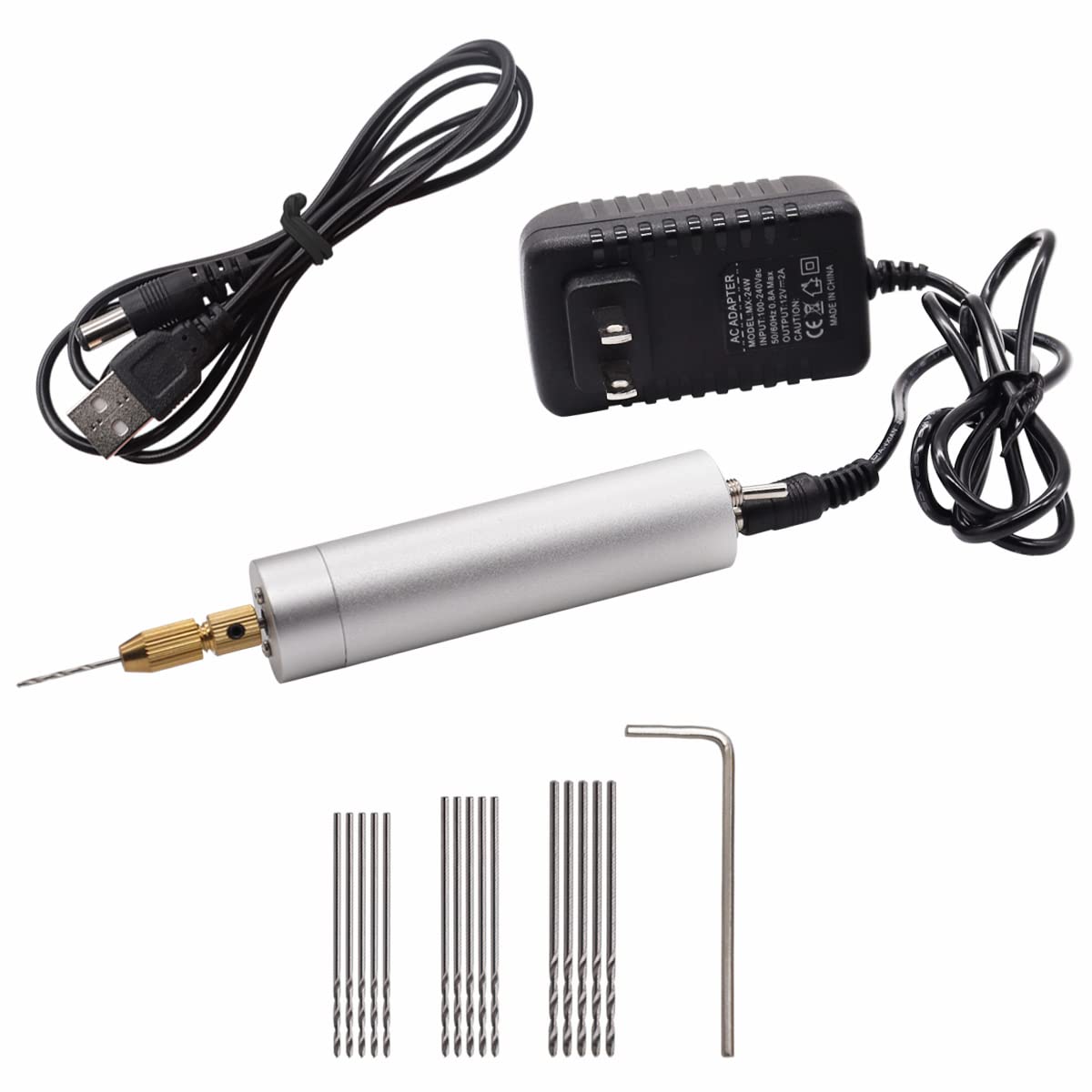 Dianrui Mini Portable Electric Handheld Aluminum Drill with 15pcs 0.8-1.2mm Twist Drills and 1pcs 1.5mm Wrench, Including 1pcs 2A Power Supply and 1pcs USB Adapter Wire K1-033-set