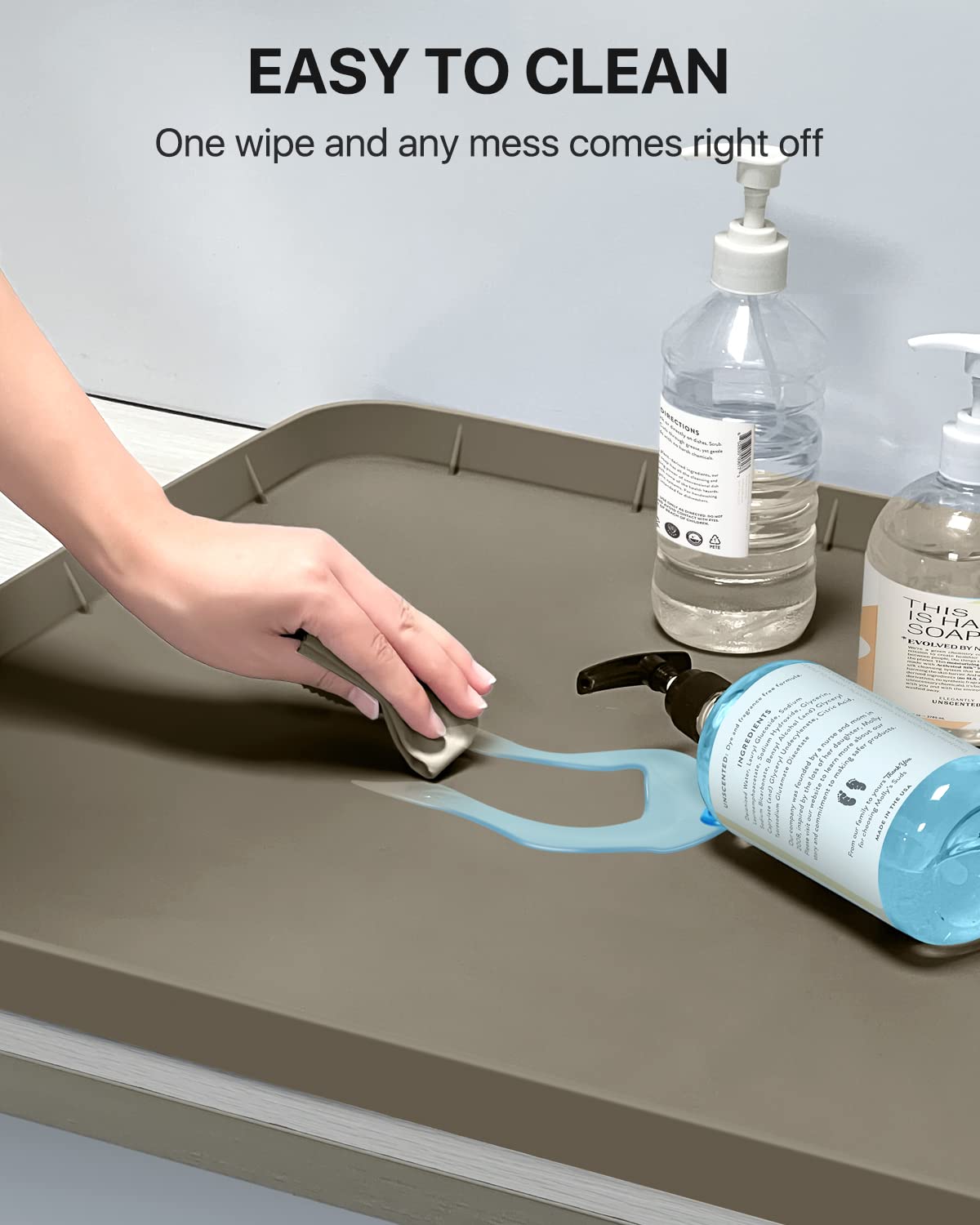 Under Sink Mat, Waterproof Silicone Mat with Water Leak Sensor Alarm, 34" x 22" Kitchen Cabinet Mat, Under Sink Liner Holds up to 3.7 Gallons Liquid(Brown)