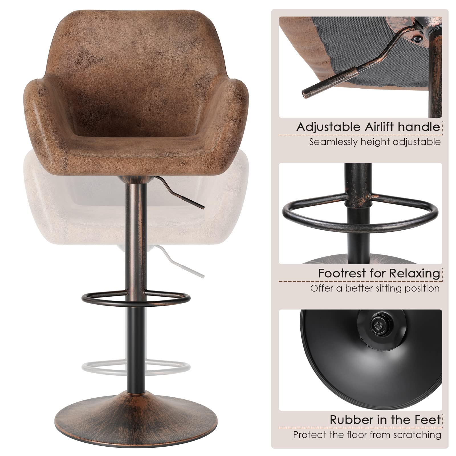 Keyluv Bar Stools Set of 2 for Kitchen Counter Adjustable Swivel Height Barstools 29 Inch Faux Leather Bar Chairs with Padded Back and Chromed Metal Base, Retro Brown