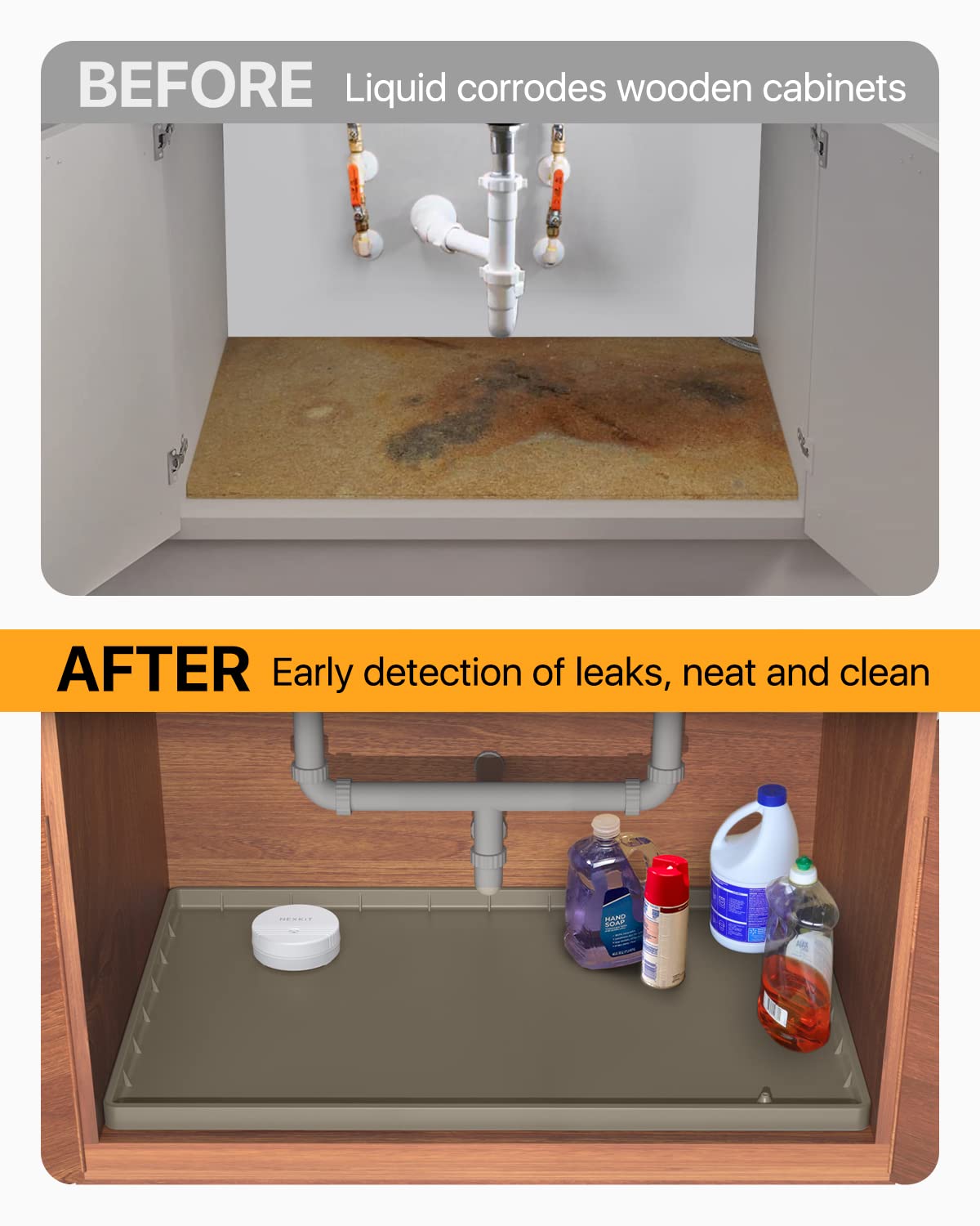 Under Sink Mat, Waterproof Silicone Mat with Water Leak Sensor Alarm, 34" x 22" Kitchen Cabinet Mat, Under Sink Liner Holds up to 3.7 Gallons Liquid(Brown)