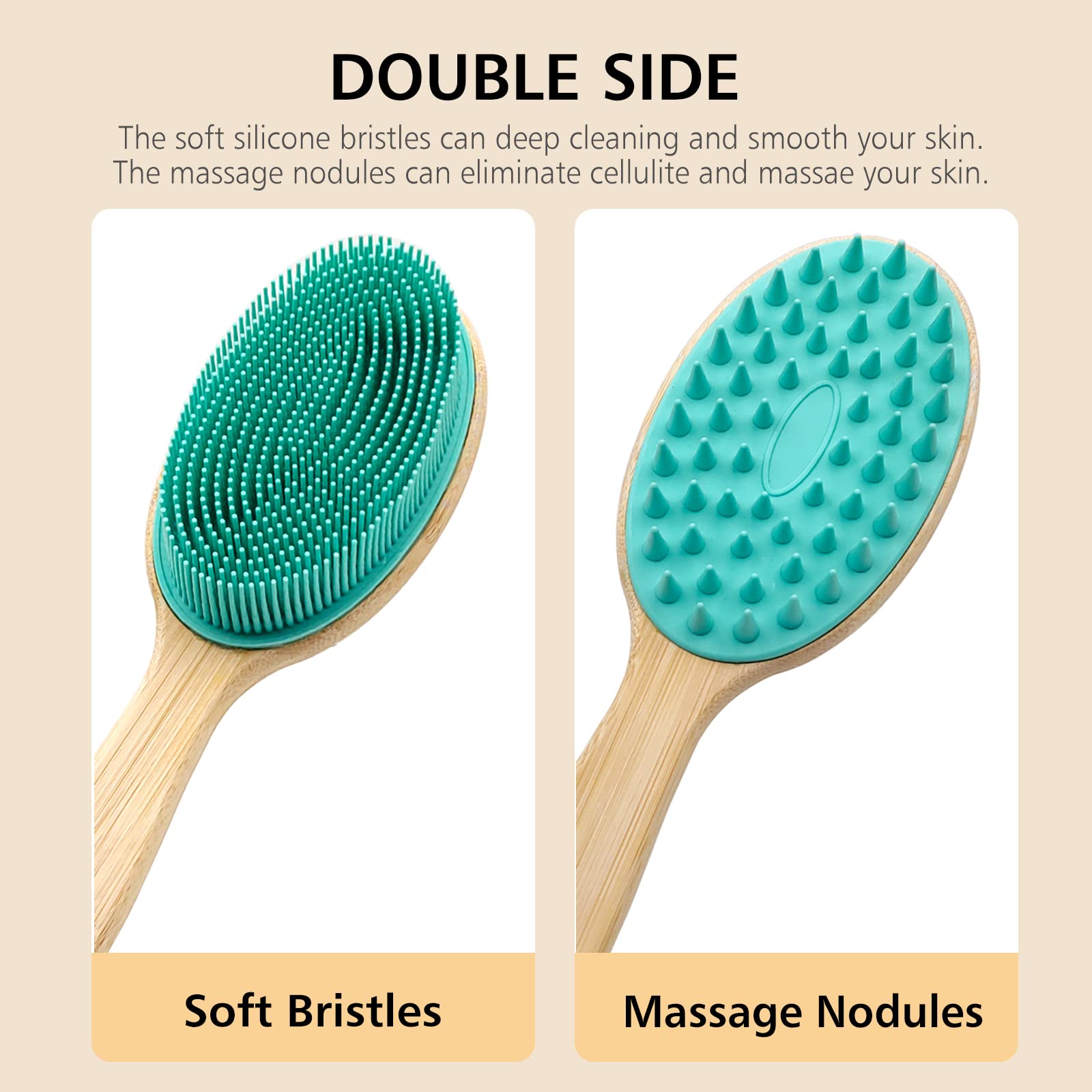 HONOMA Exfoliating Silicone Back Scrubber Brush with Long Handle,Easy to Clean,Bath Body Brush Lathers Easily, Long Lasting, and More Hygienic Than Traditional Loofah Mesh Sponge.