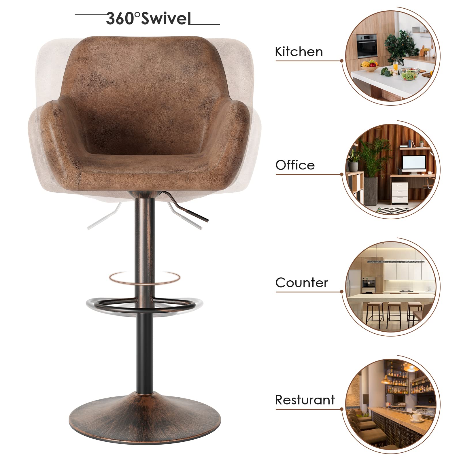 Keyluv Bar Stools Set of 2 for Kitchen Counter Adjustable Swivel Height Barstools 29 Inch Faux Leather Bar Chairs with Padded Back and Chromed Metal Base, Retro Brown