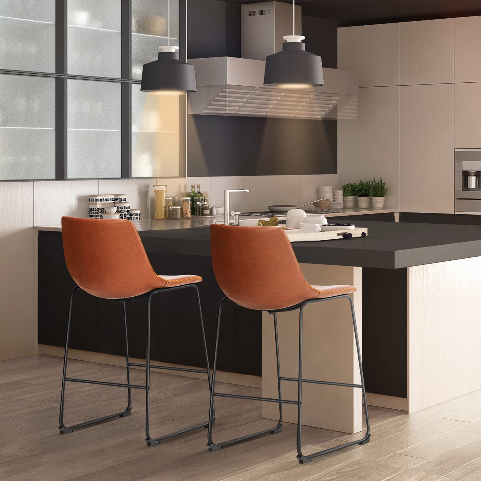 Sweetcrispy Counter Height Bar Stools Set of 2, Modern Counter Stool Faux Leather Barstools with Back, 26 inch Seat Height Island Stools Countertop Comfortable Brown Bar Chairs with Metal Legs