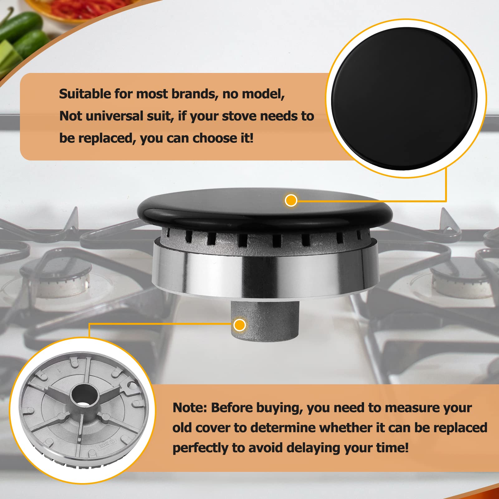 Upgraded Cooker Hat Set, Surface Gas Stove Burner Caps and Burner Head Replacement Kit, 1 Large, 2 Middle, and 1 Small Cooker Hat Set, Cooker Hat Set fits Selected Models - See Images for Details