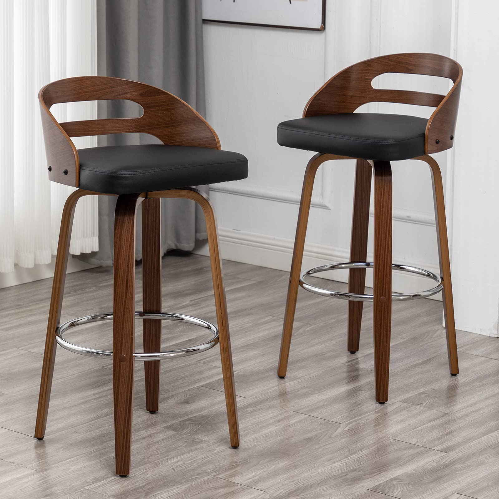 Bar Stools Set of 2, Swivel Bar Height Stools with Walnut Bentwood, Low Back, Upholstered Faux Leather, Soft Cushion Seat, Mid Century Bar Stools for Kitchen/Island/Counter (Black, 30" Seat Height)
