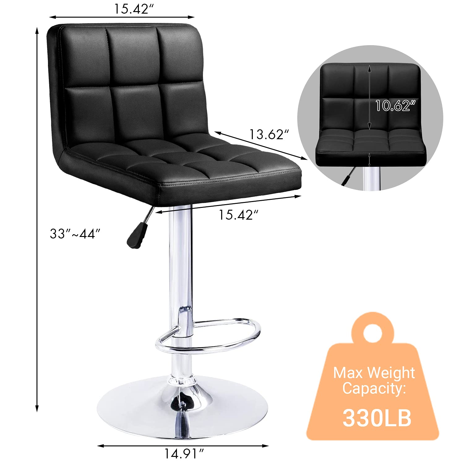 KaiMeng Bar Stools Modern Square Counter Height Barstool 22" to 33" PU Leather Swivel Adjustable Stool with Back Set of 2 for Kitchen Dining (Black)