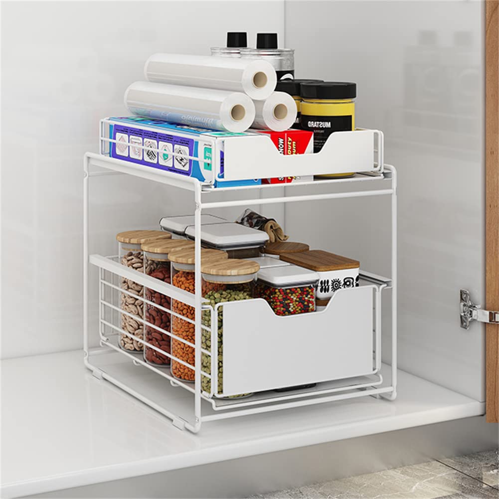 Tngan 2 Tier Under Sink Organizer with Sliding Storage Drawer Pull Out Countertop Storage Basket Kitchen Cabinet Storage Rack, White Large