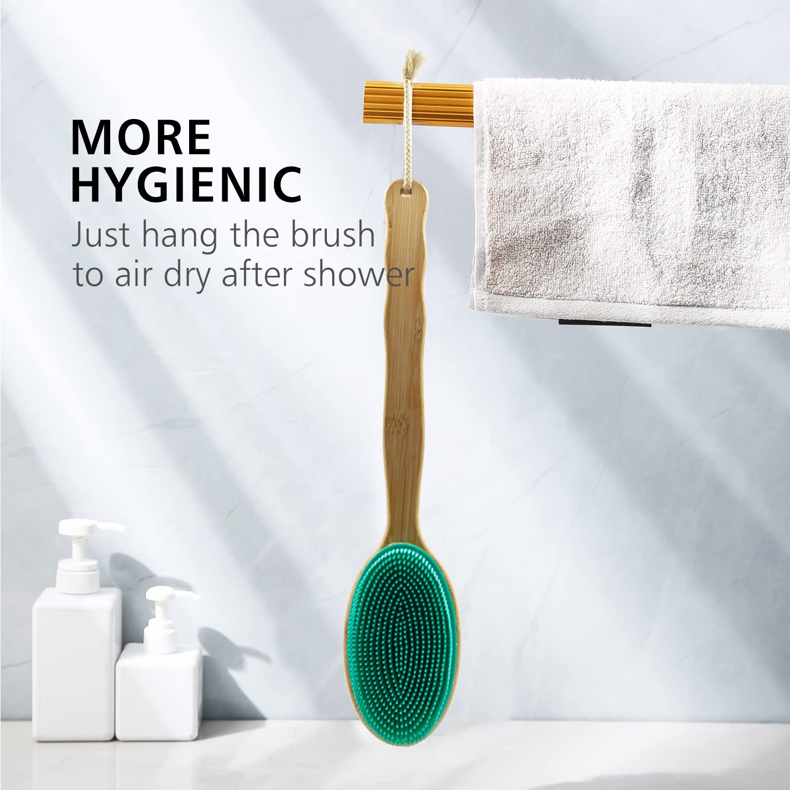 HONOMA Exfoliating Silicone Back Scrubber Brush with Long Handle,Easy to Clean,Bath Body Brush Lathers Easily, Long Lasting, and More Hygienic Than Traditional Loofah Mesh Sponge.
