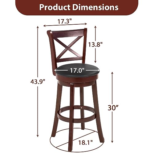 MKDLUFEI Set of 2 Counter Height Bar Stools, 43.9'' Heavy Duty Bar Stool with Armless Lower Back, Swivel Bar Stool with 360 Degree Rotation, Bar Stool with PU Leather for Dining Room and Living Room