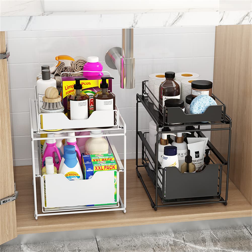 Tngan 2 Tier Under Sink Organizer with Sliding Storage Drawer Pull Out Countertop Storage Basket Kitchen Cabinet Storage Rack, White Large