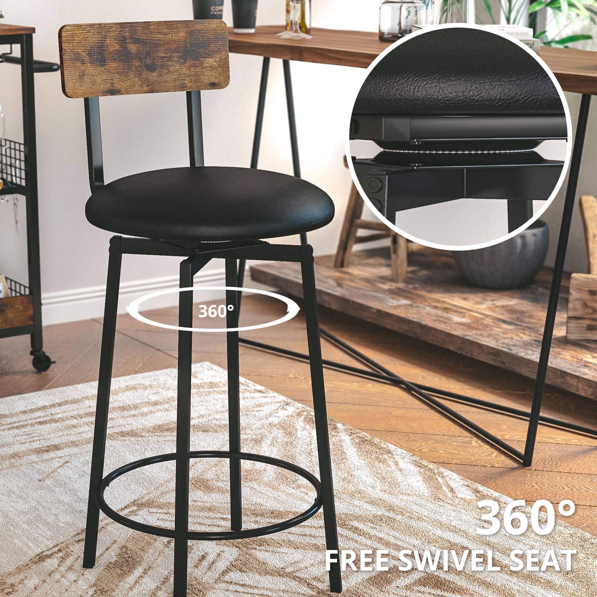 IRONCK Bar Stools Set of 2, Wider Base PU Upholstered Swivel Barstools for Kitchen Island, Thick Cushion Stools with Footrest for Dining Room Kitchen Counter Bar, Rustic Brown and Black