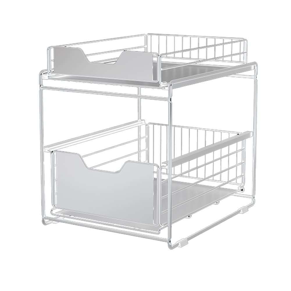 Tngan 2 Tier Under Sink Organizer with Sliding Storage Drawer Pull Out Countertop Storage Basket Kitchen Cabinet Storage Rack, White Large