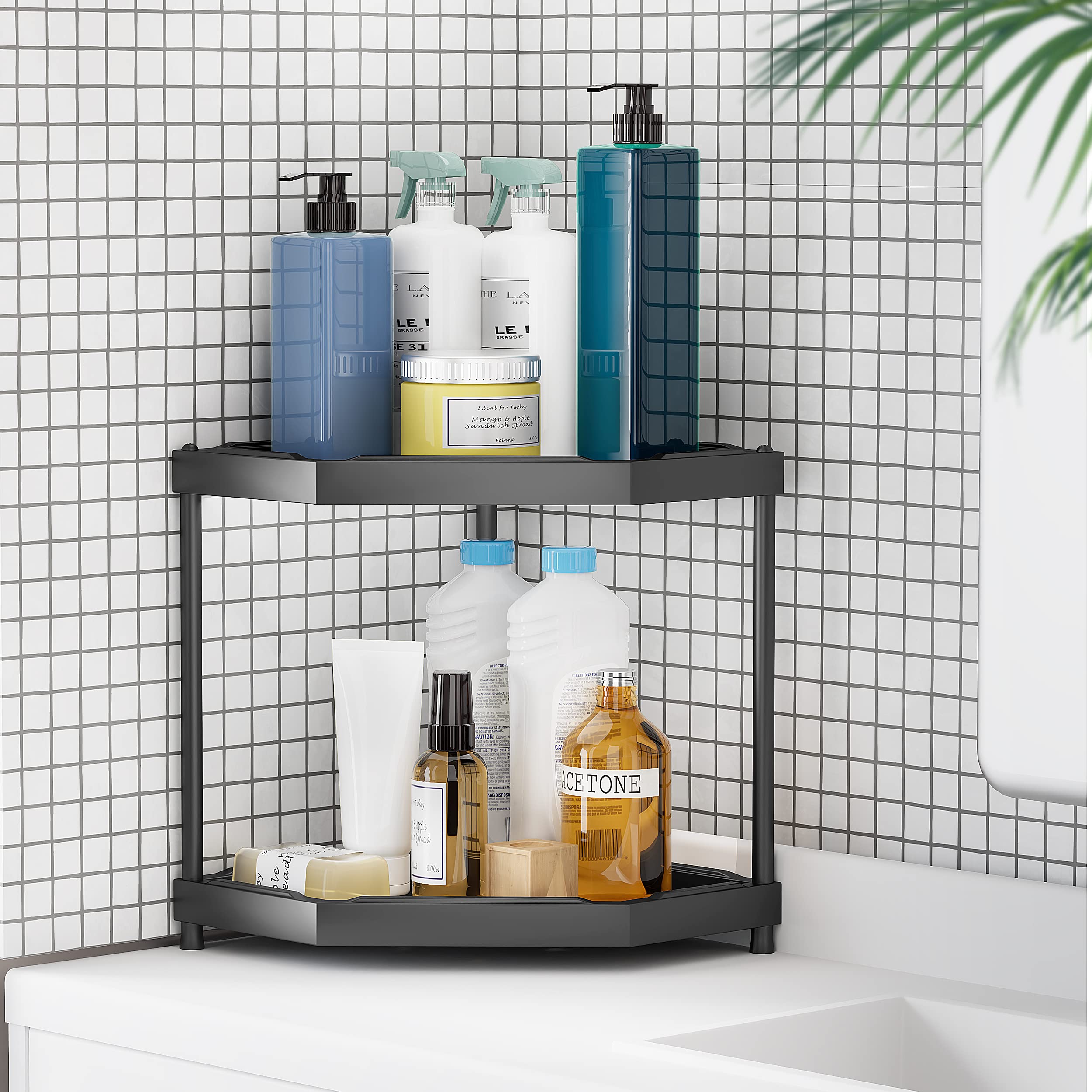 villertech Kitchen Corner Shelf Countertop 2 Tier Bathroom Counter Organizer Cabinet Corner Storage Shelf Spice Rack Makeup Organizer Under Sink Organizer Black