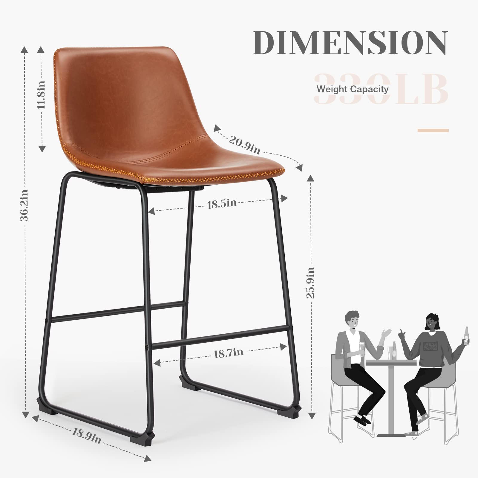 Sweetcrispy Counter Height Bar Stools Set of 2, Modern Counter Stool Faux Leather Barstools with Back, 26 inch Seat Height Island Stools Countertop Comfortable Brown Bar Chairs with Metal Legs