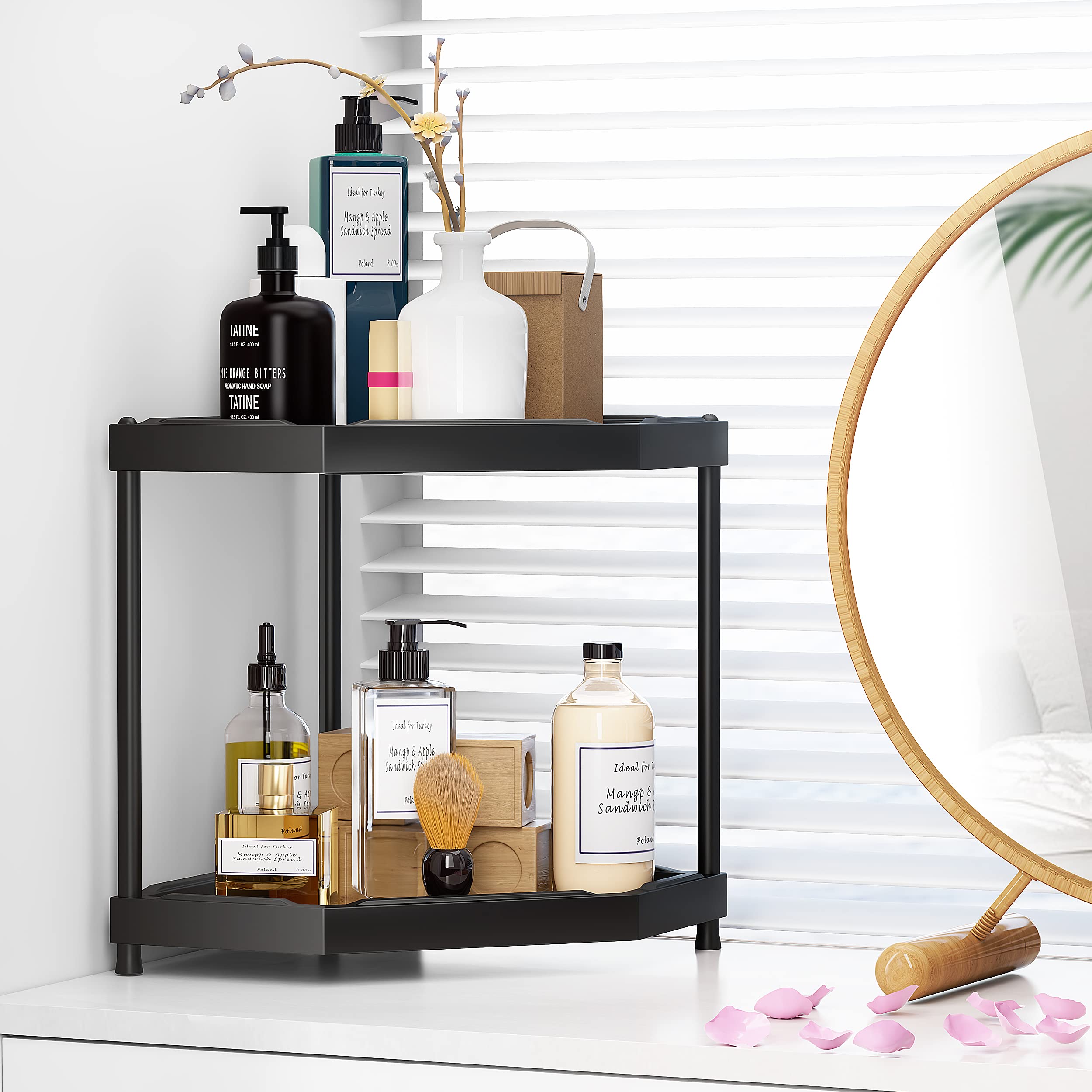 villertech Kitchen Corner Shelf Countertop 2 Tier Bathroom Counter Organizer Cabinet Corner Storage Shelf Spice Rack Makeup Organizer Under Sink Organizer Black