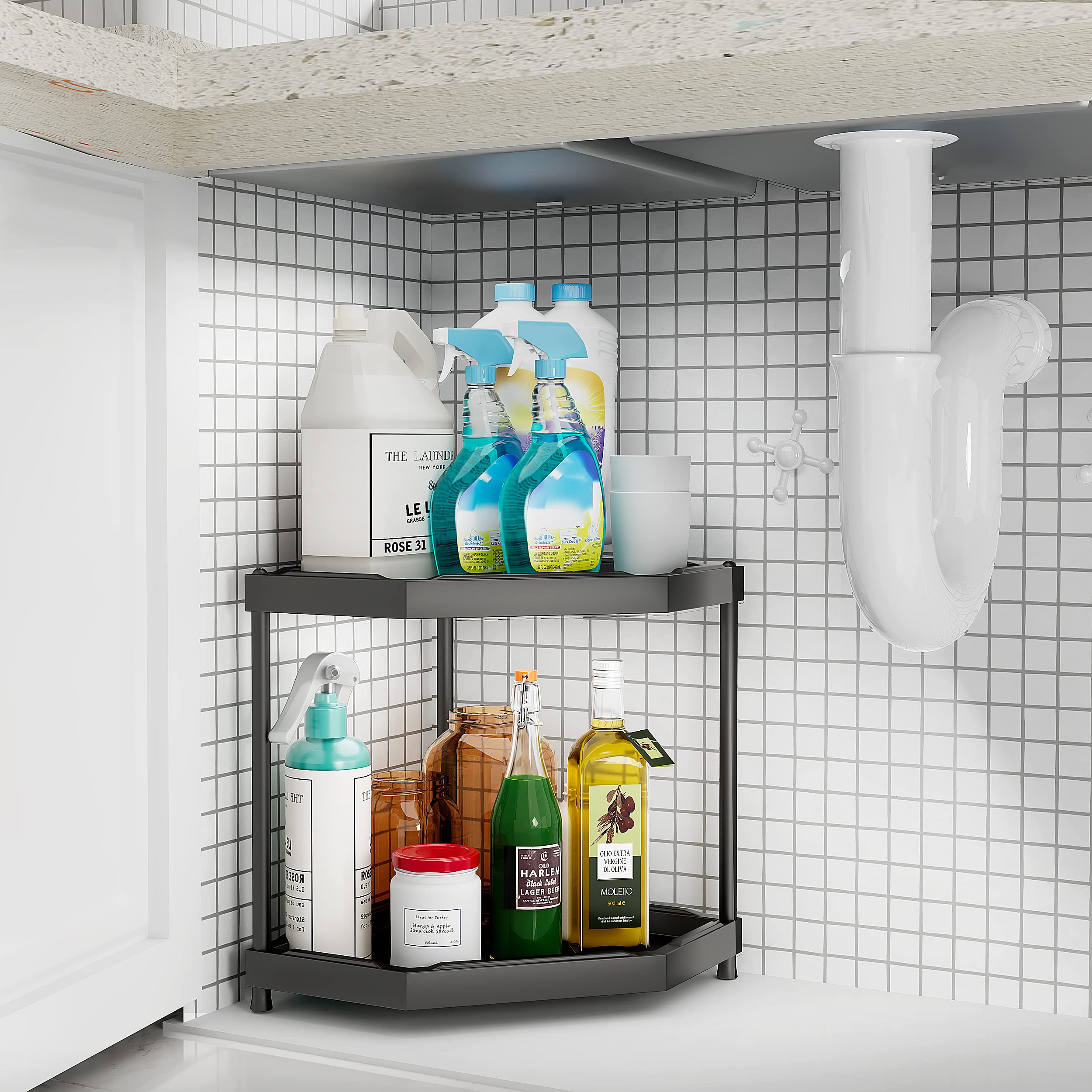 villertech Kitchen Corner Shelf Countertop 2 Tier Bathroom Counter Organizer Cabinet Corner Storage Shelf Spice Rack Makeup Organizer Under Sink Organizer Black