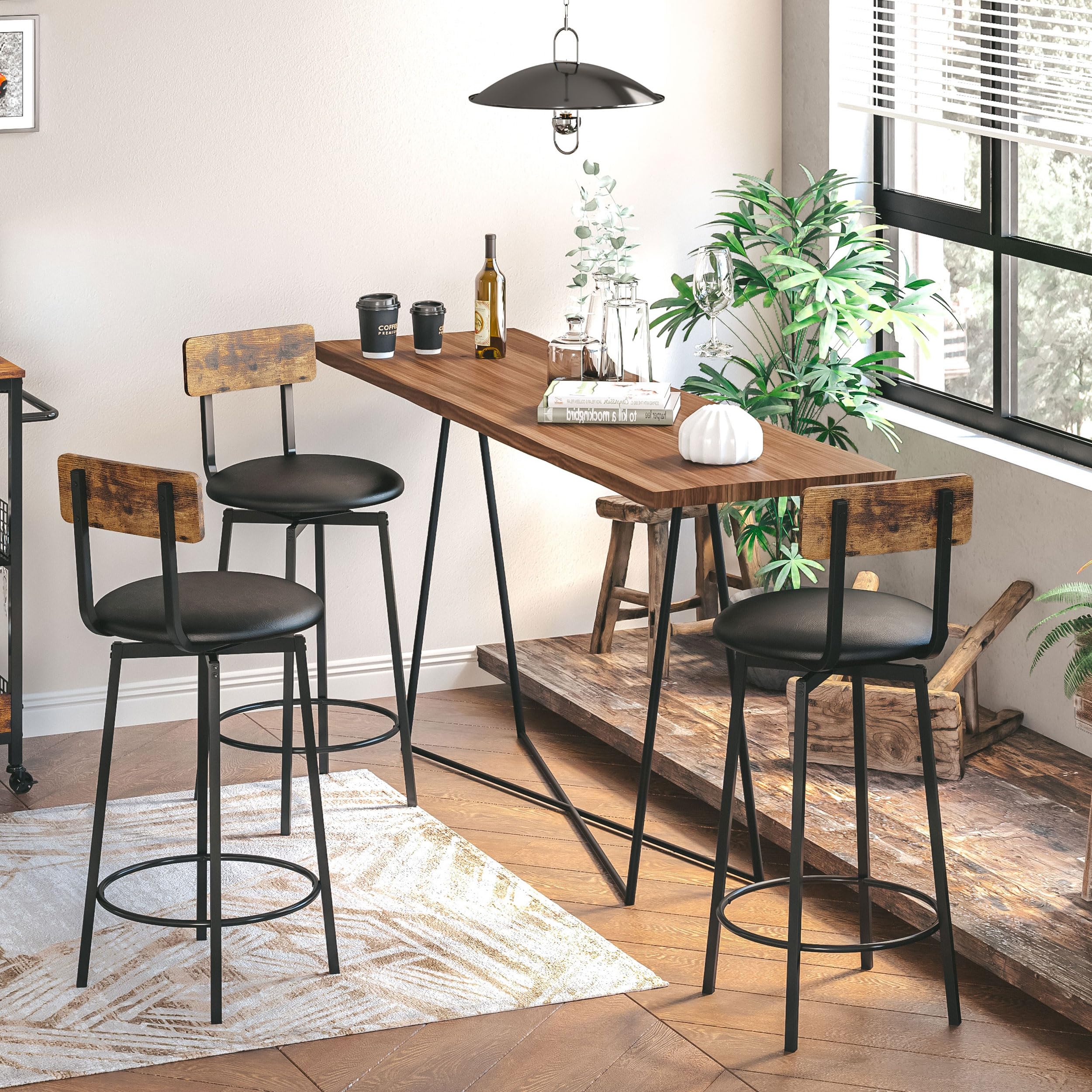 IRONCK Bar Stools Set of 2, Wider Base PU Upholstered Swivel Barstools for Kitchen Island, Thick Cushion Stools with Footrest for Dining Room Kitchen Counter Bar, Rustic Brown and Black
