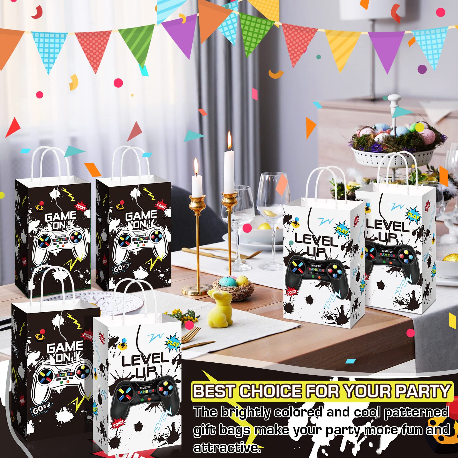 Crtiin 30 Pcs Video Game Gamer Gift Bags - Level Up Gaming Party Favors with Handle - Black & White