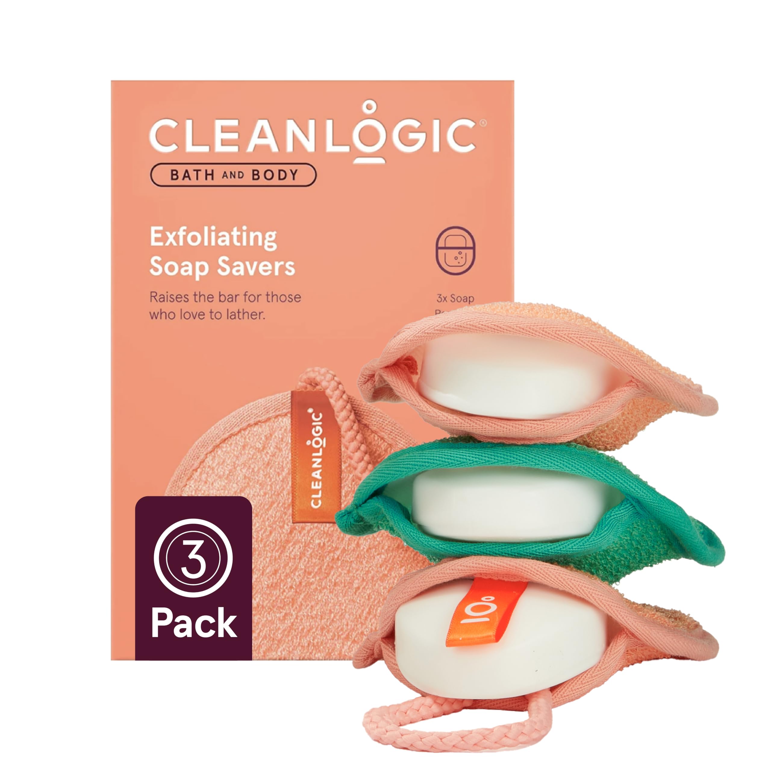 Cleanlogic Bath & Body Exfoliating Soap Saver, Exfoliator Scrubber Pouch, Daily Skincare Routine for Smooth Clean Skin, Assorted Colors, 3 Count Value Pack