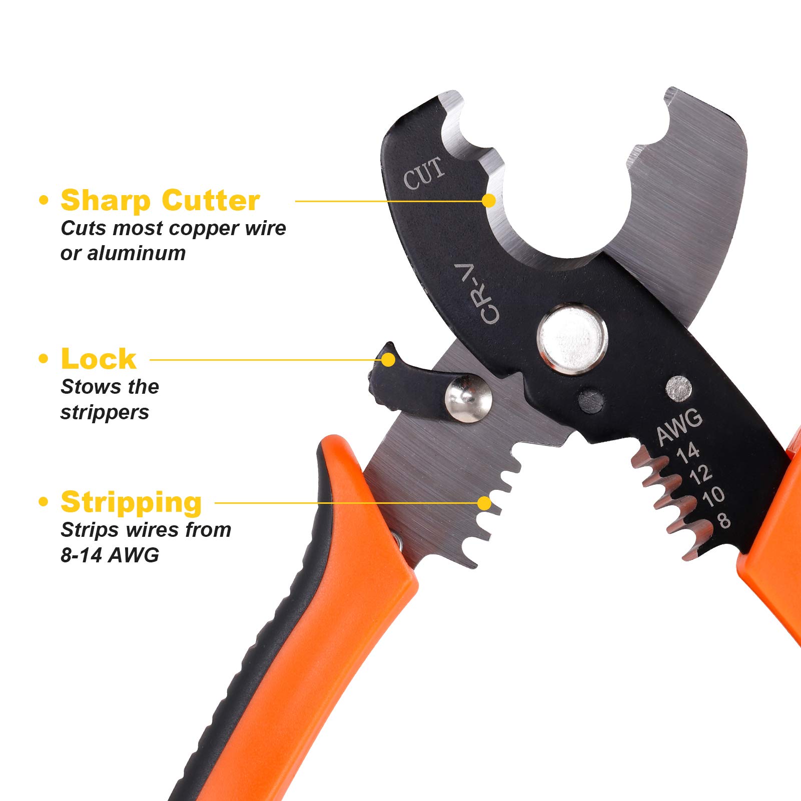 7in Cable Cutter Wire Stripper 8-14 AWG, Heavy Duty for Aluminum Copper, Communication Cables Wire Stripping Tool And Multi-Function Hand Tool,Professional Handle Design 518020A