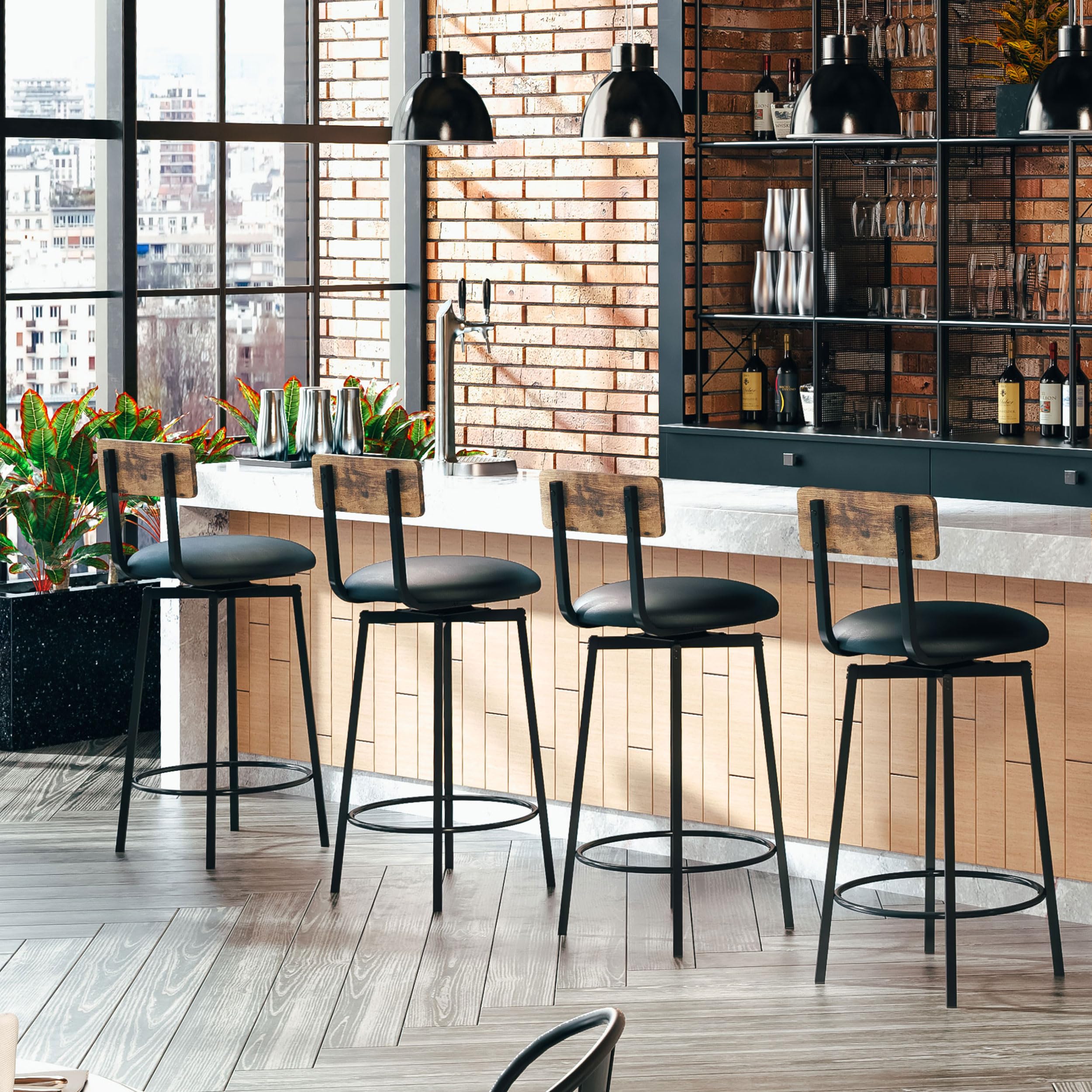 IRONCK Bar Stools Set of 2, Wider Base PU Upholstered Swivel Barstools for Kitchen Island, Thick Cushion Stools with Footrest for Dining Room Kitchen Counter Bar, Rustic Brown and Black