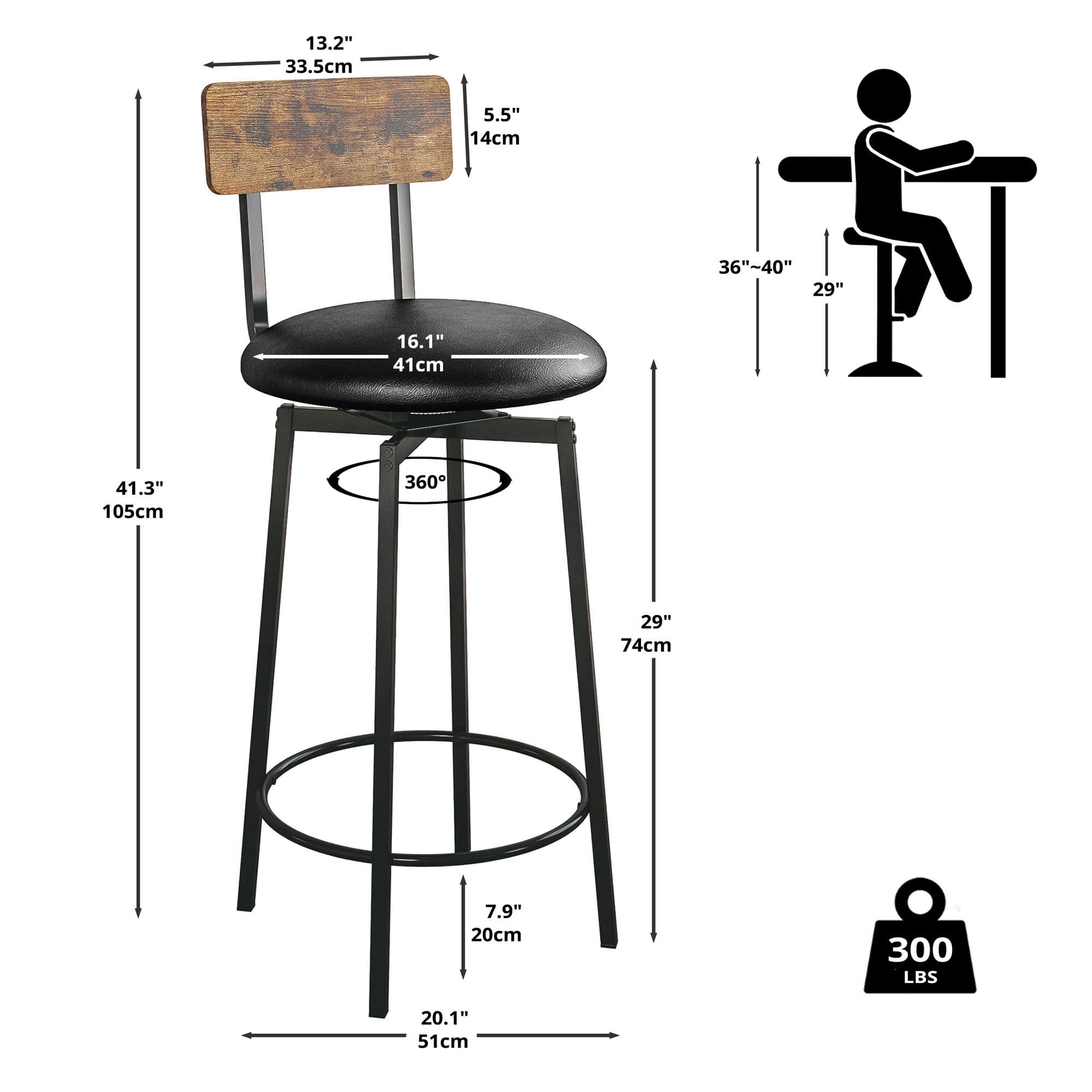 IRONCK Bar Stools Set of 2, Wider Base PU Upholstered Swivel Barstools for Kitchen Island, Thick Cushion Stools with Footrest for Dining Room Kitchen Counter Bar, Rustic Brown and Black