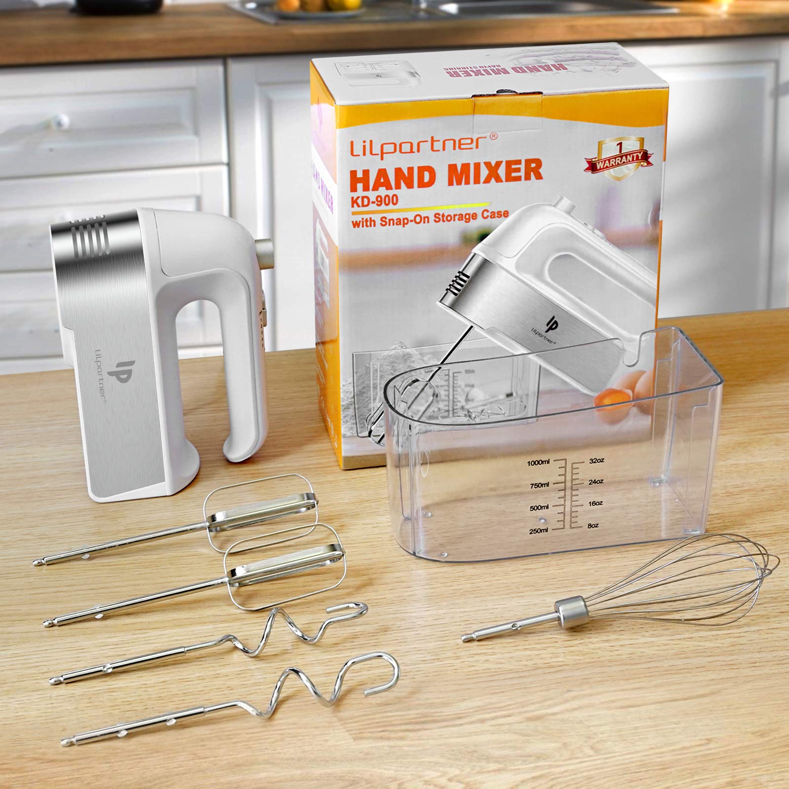 Hand Mixer Electric, 450W Kitchen Mixers with Scale Cup Storage Case , Turbo Boost / Self-Control Speed + 5 Speed + Eject Button + 5 Stainless Steel Accessories , For Easy Whipping Dough ,Cream ,Cake