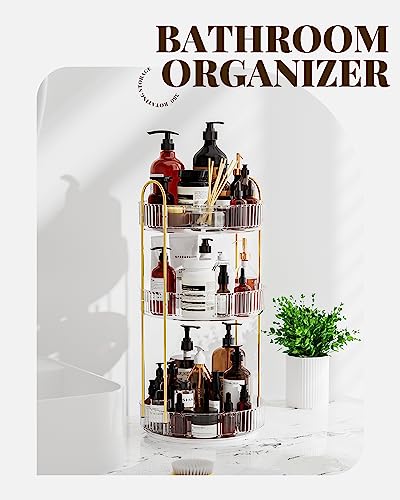 Devokimi Bathroom Organizer Countertop, Rotating Makeup Organizer for Vanity, 3 Tier Under Sink Organizer, Vanity Tray Shelf for Cosmetic, Skin Care, Perfume (Clear)