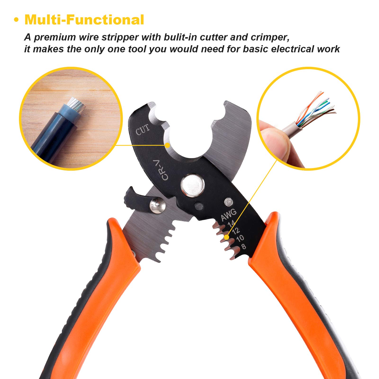 7in Cable Cutter Wire Stripper 8-14 AWG, Heavy Duty for Aluminum Copper, Communication Cables Wire Stripping Tool And Multi-Function Hand Tool,Professional Handle Design 518020A