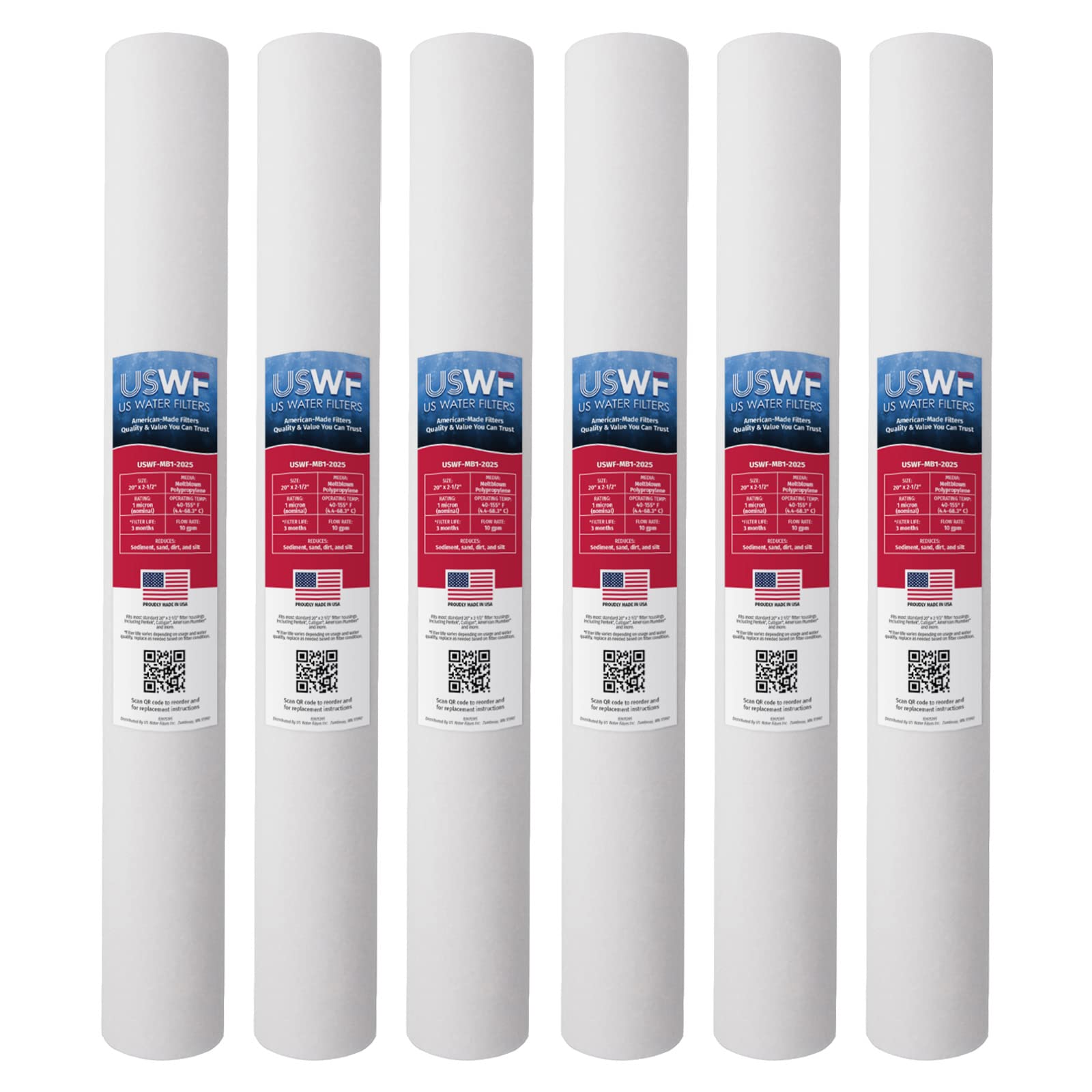 1 Micron 20 Inch x 2.5 Inch | 6-Pack Melt Blown Polypropylene Whole House Sediment Replacement Cartridge | Compatible with Pentek P1-20, Hydronix SDC-25-2001 | Made in the USA, US Water Filters