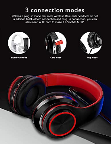 Bluetooth Headphones Over Ear Headphones with Deep Bass LED Foldable Stereo Headphones, Wired and Wireless Headset for Smart Phone/TV/PC(Red/Black)