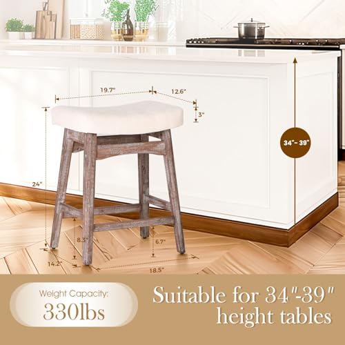 Sophia & William White Bar Stools Set of 2, Counter Height Modern Bar Stools with Linen Fabric Seat & Solid Wood Legs, 24 inch Bar Chairs